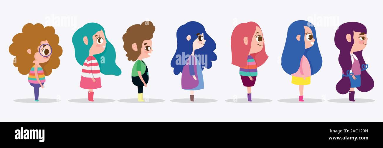 cartoon character animation boy and girls standing looking somewhere ...