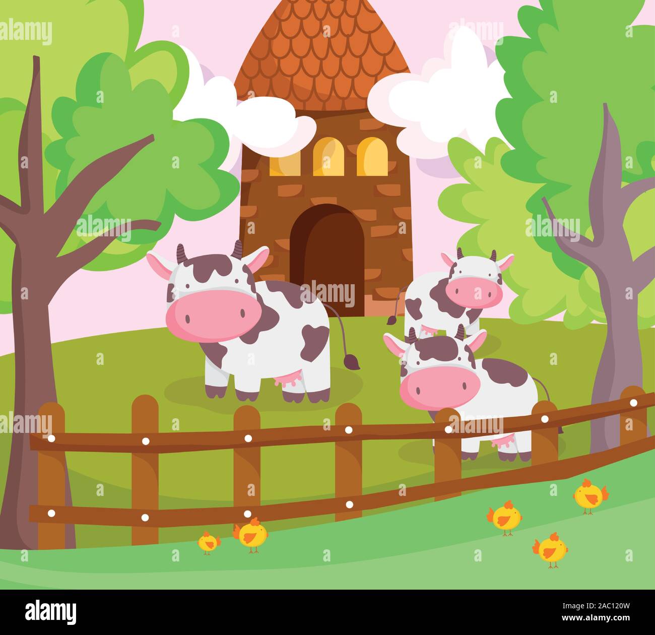 cows behind wooden fence and barn farm animals vector illustration ...