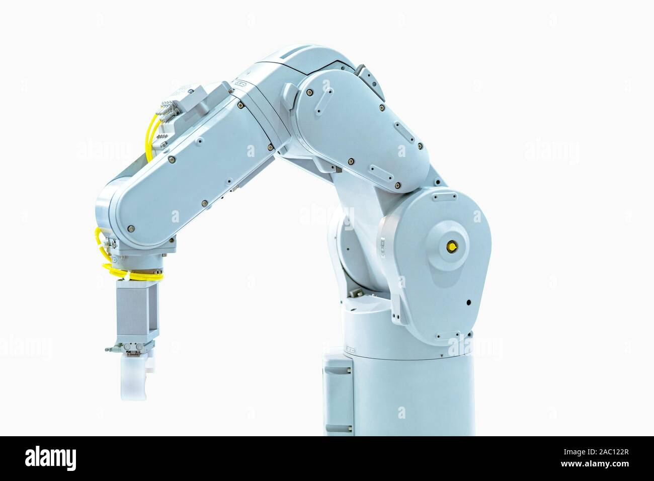 White robotic arm isolated on white background Stock Photo - Alamy