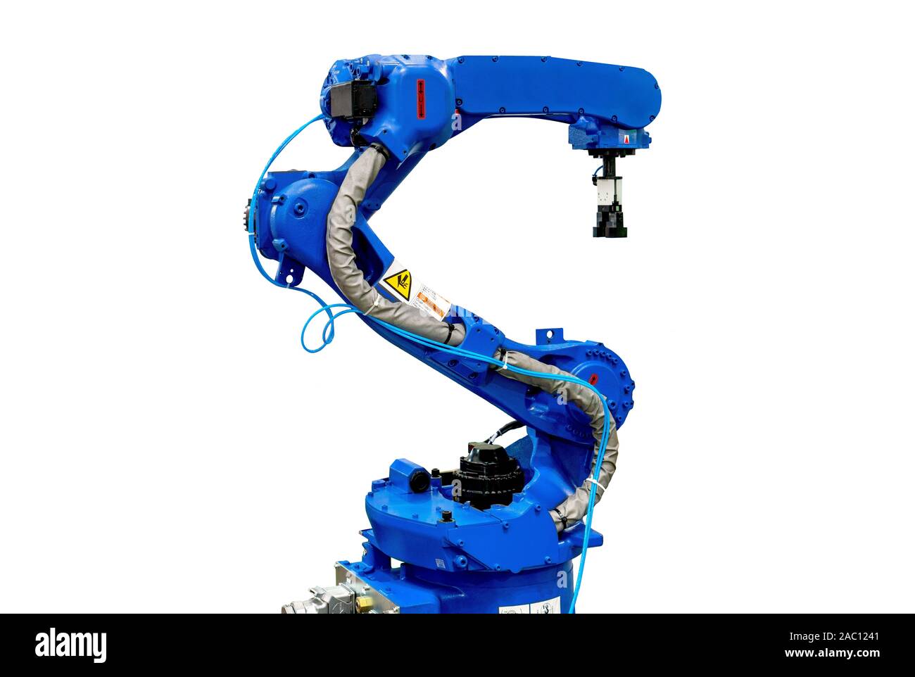 Blue robotic arm isolated on white background Stock Photo - Alamy