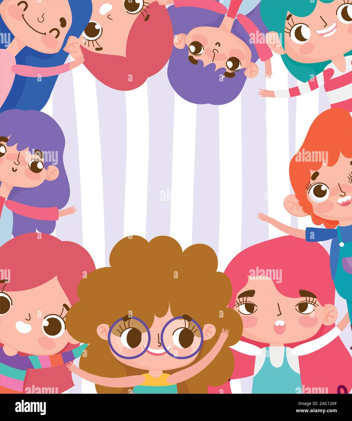 cartoon character animation happy kids striped background vector ...