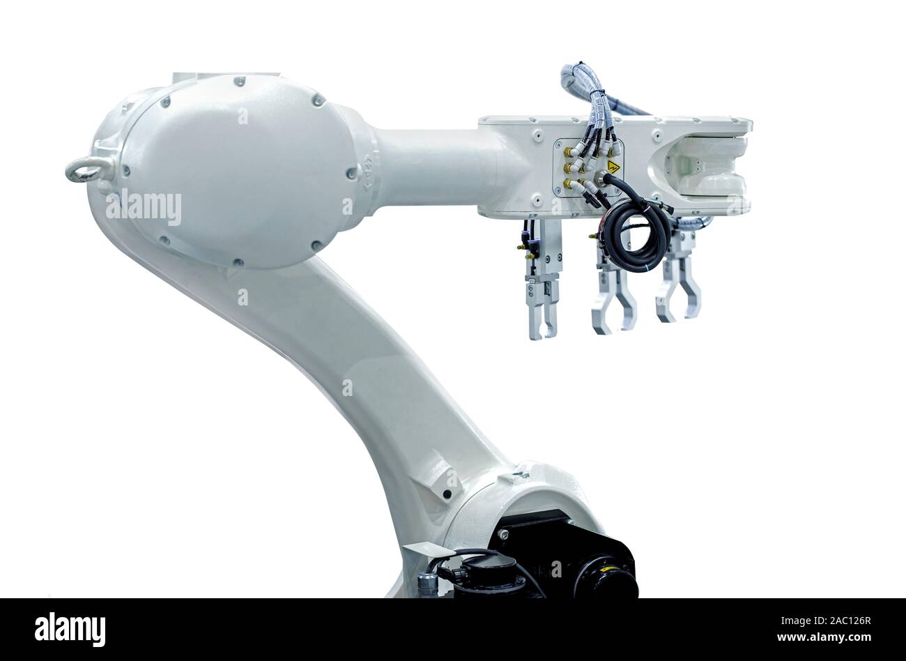 White robotic arm isolated on white background Stock Photo - Alamy