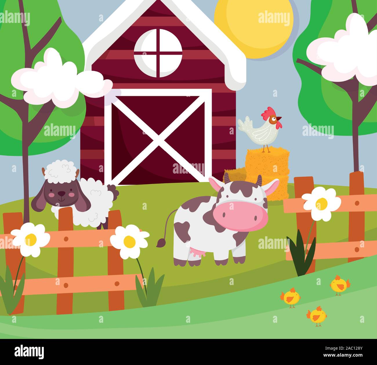 cow sheep and rooster in hay barn fence trees farm animals vector ...