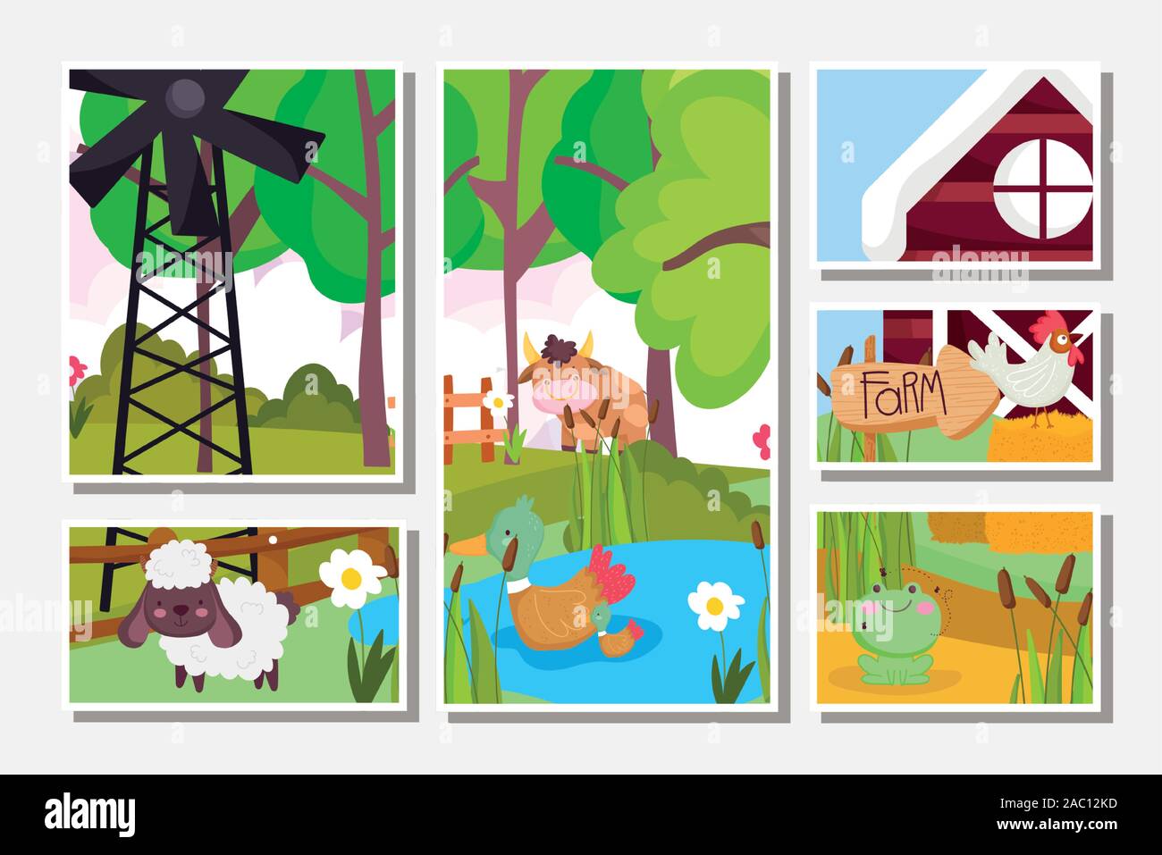 bull sheep hen ducks in lake windmill farm animals cards vector ...