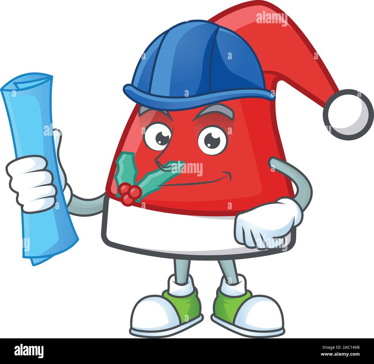 Cheerful Architect santa claus hat cartoon style holding blue prints ...