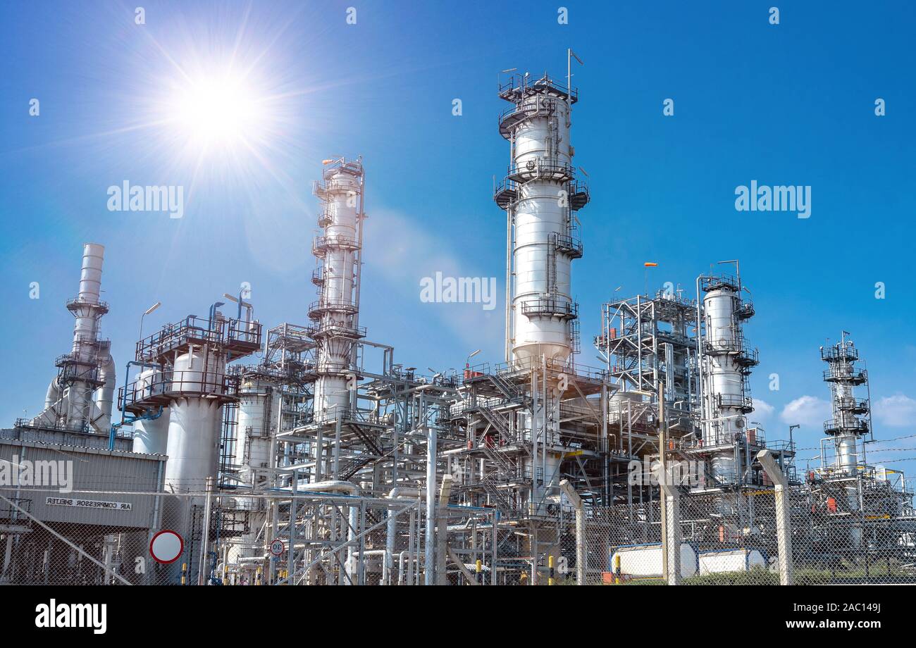 Close up Industrial view at oil refinery plant form industry zone with ...