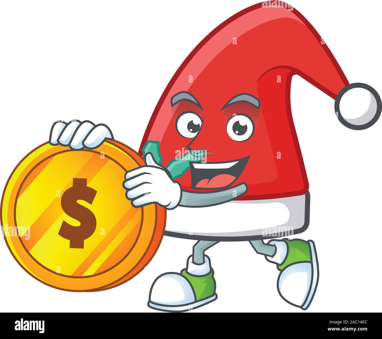 happy santa claus hat cartoon character with gold coin Stock Vector ...