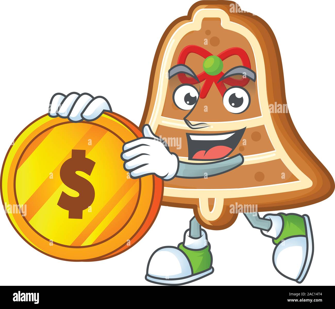 happy bell cookies cartoon character with gold coin Stock Vector Image ...