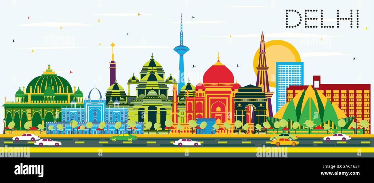 Delhi India City Skyline with Color Buildings and Blue Sky. Vector ...