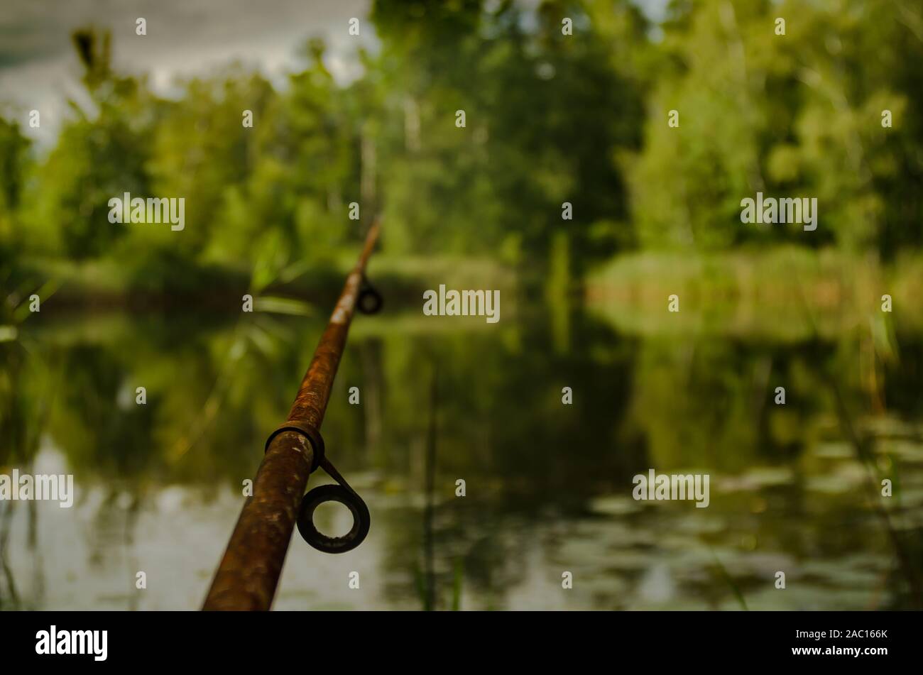 Old rusty fishing rod on a blurry background with a lake and trees ...