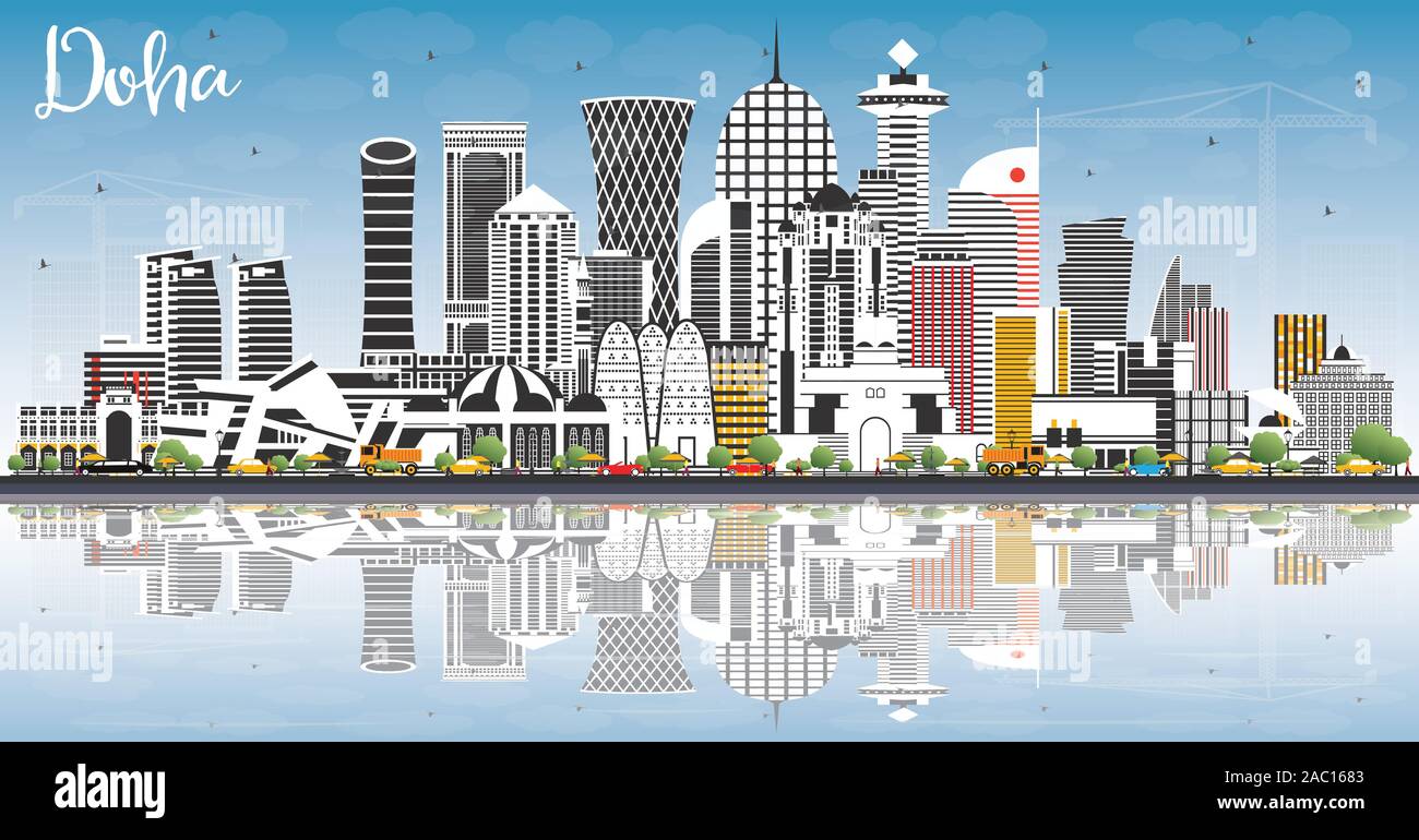 Doha Qatar City Skyline with Color Buildings, Blue Sky and Reflections ...