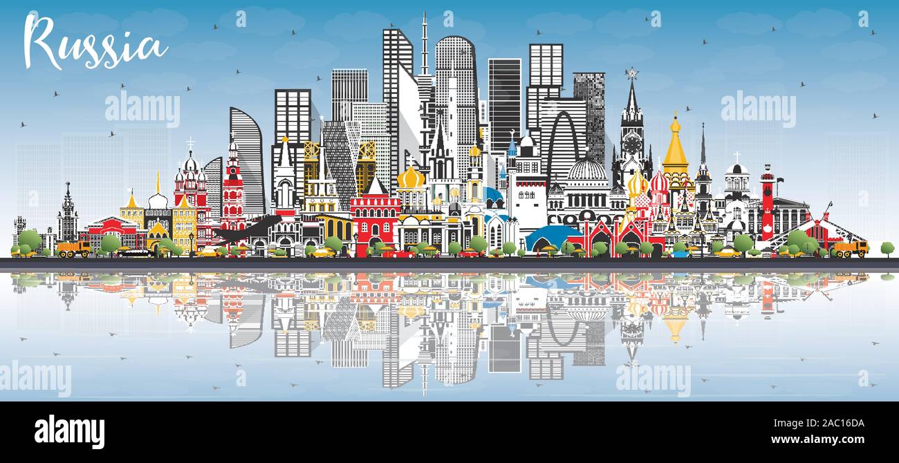 Russia City Skyline with Gray Buildings, Blue Sky and Reflections ...