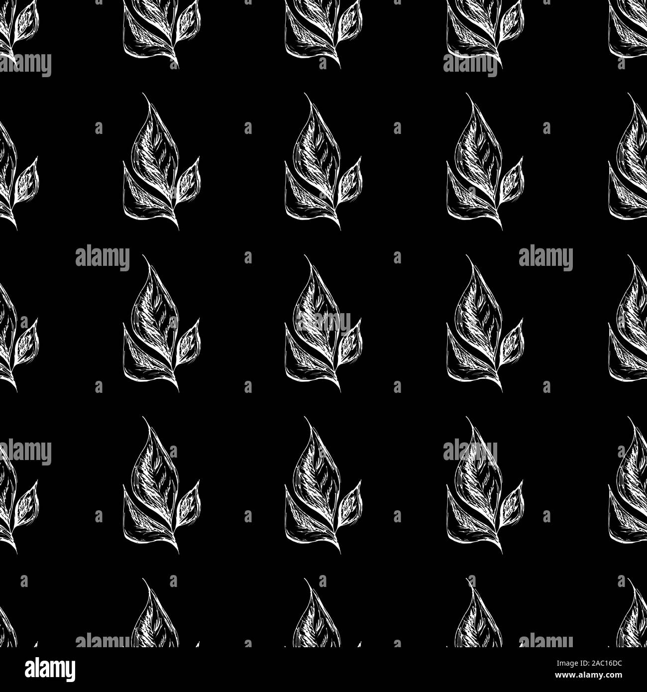 Seamless hand drawn pattern of abstract laurel leaves isolated on black ...