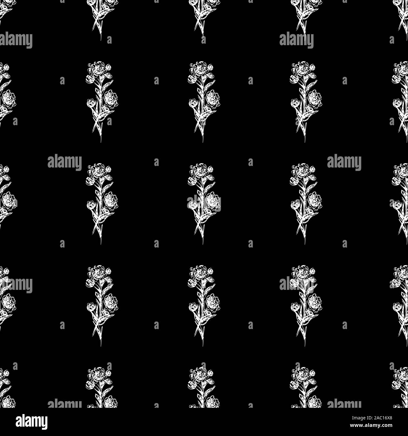 Seamless hand drawn pattern of abstract rose flowers isolated on black ...