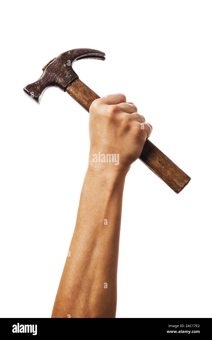 A hand raised up holds a hammer Isolated on a white background. Worker ...