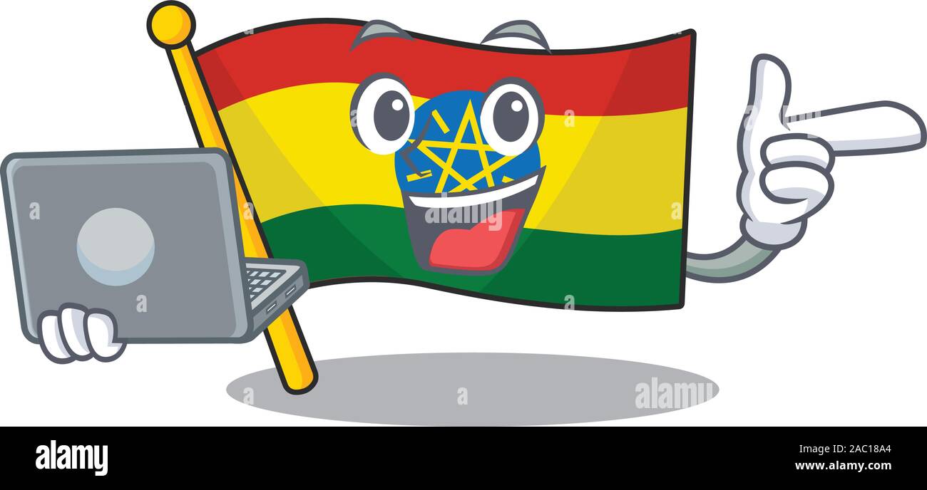 Happy smiling flag ethiopia cartoon character working with laptop Stock ...