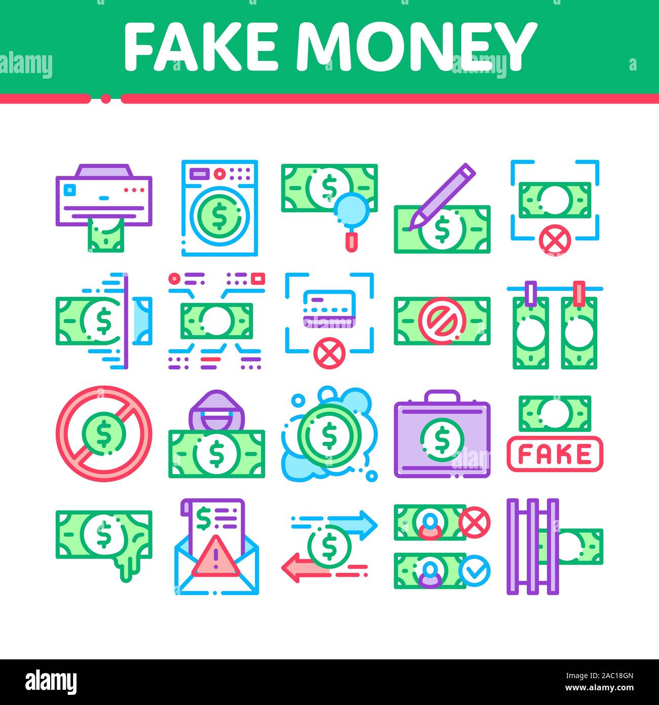 Fake Money Collection Elements Icons Set Vector Stock Vector Image ...
