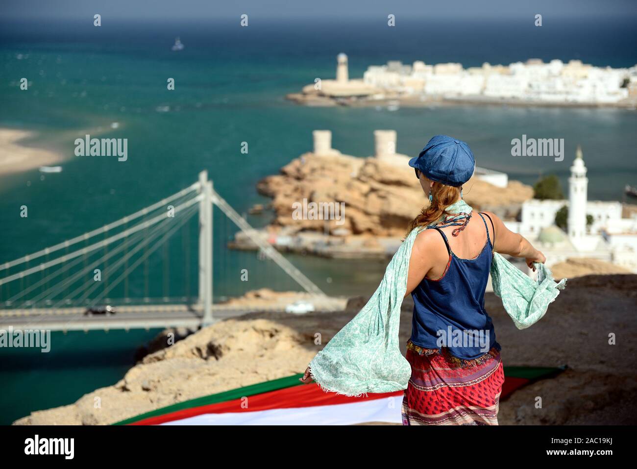 Oman, view on the city Sur and and bay with the lighthouse Stock Photo ...