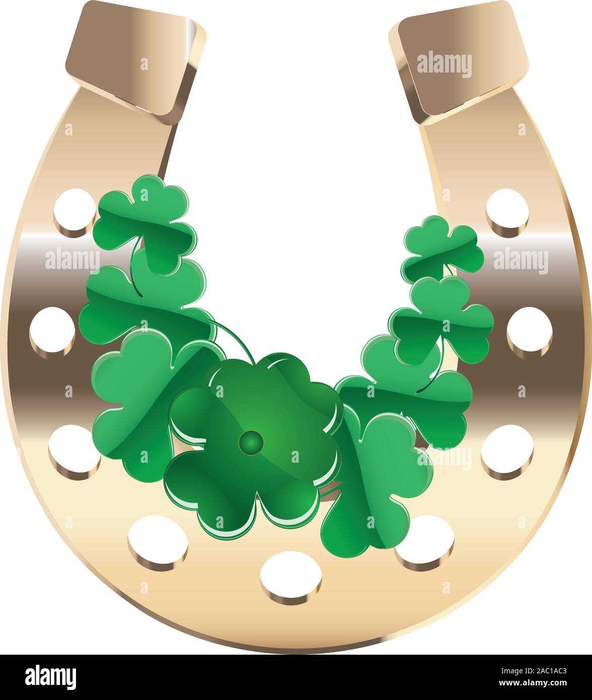 Luck symbol, gold horseshoe with green clover on white background Stock ...