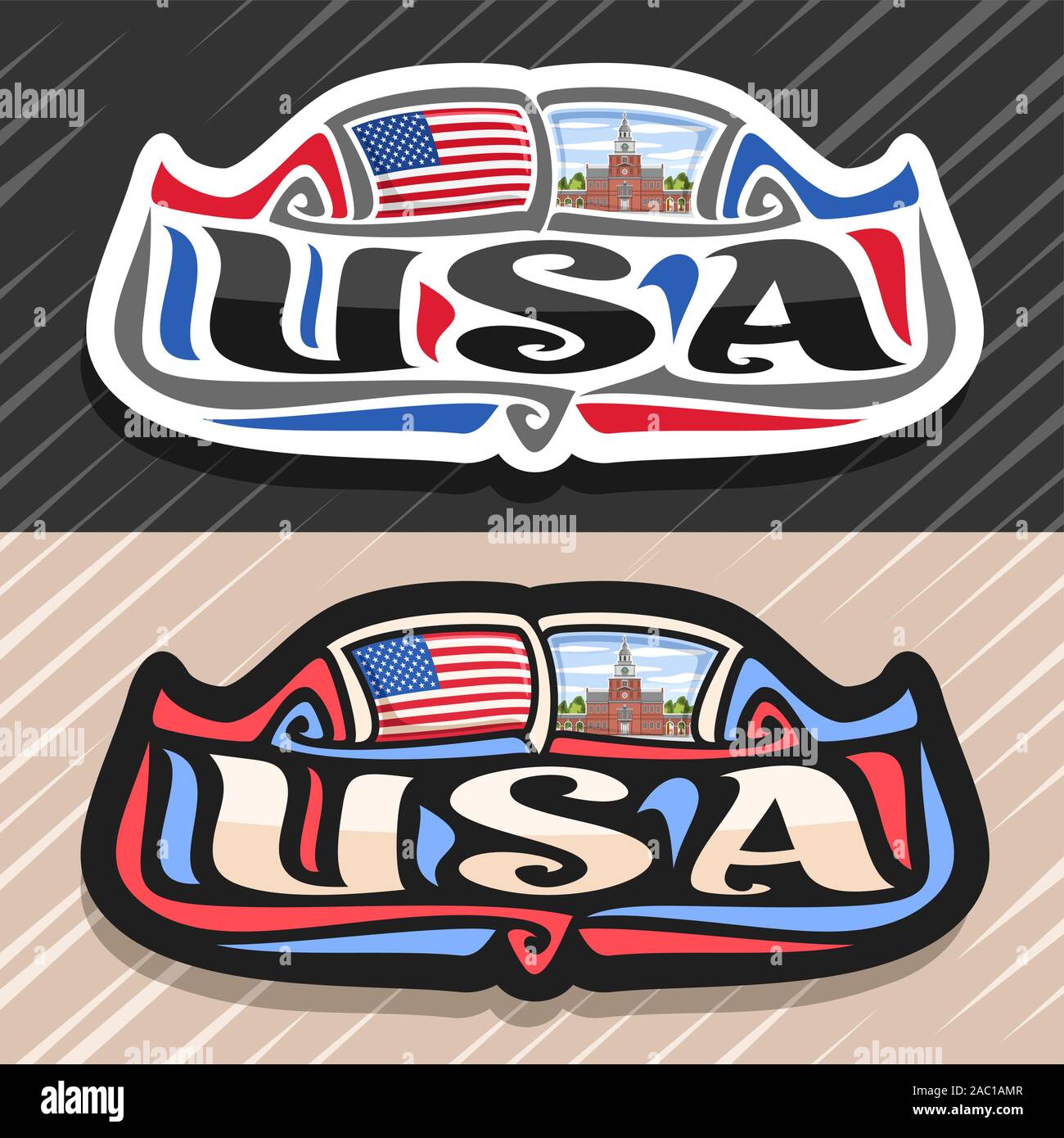 Vector logo for USA country, fridge magnet with flag of United States ...