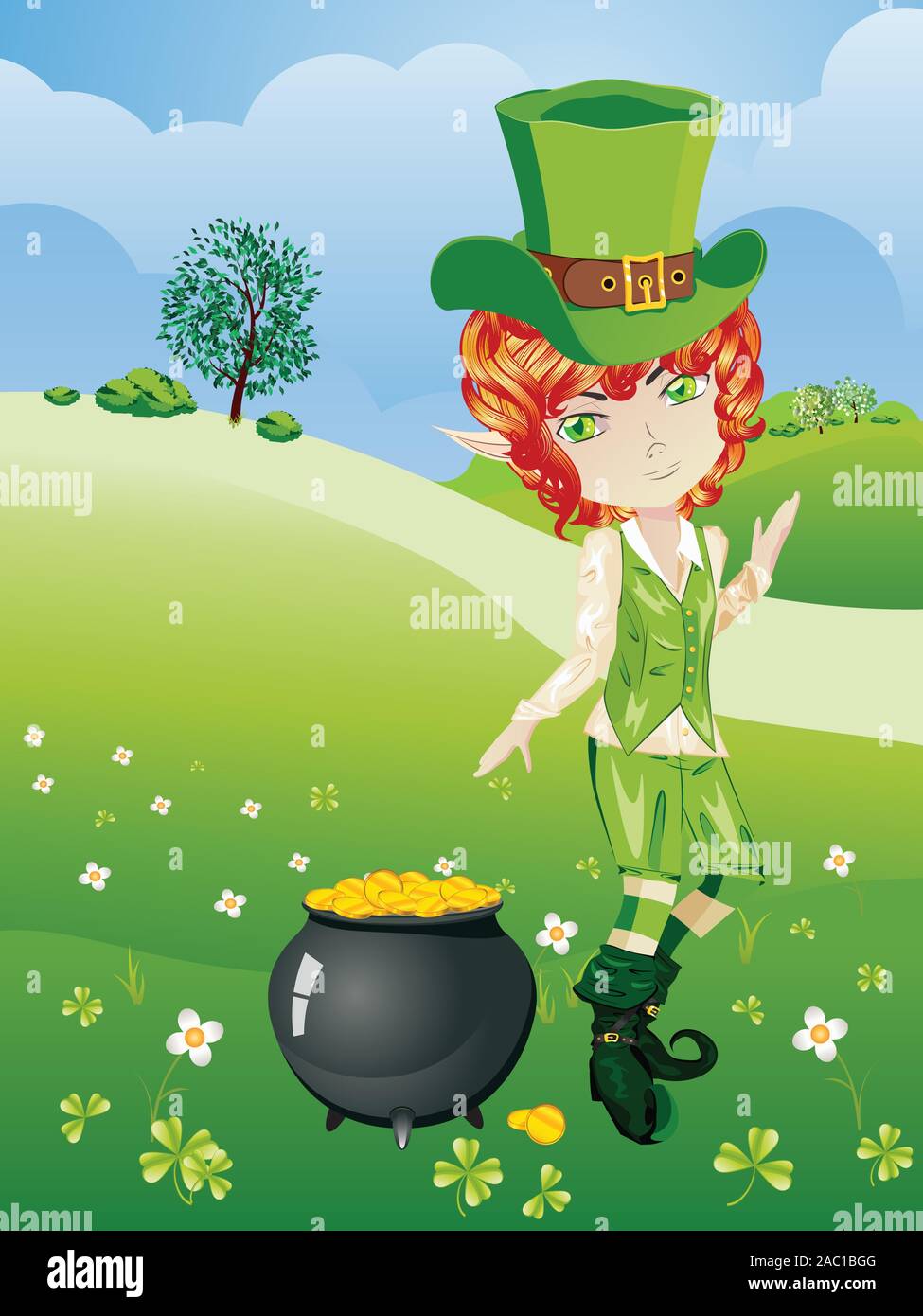 Cartoon leprechaun boy with treasure pot on a grass field Stock Vector ...