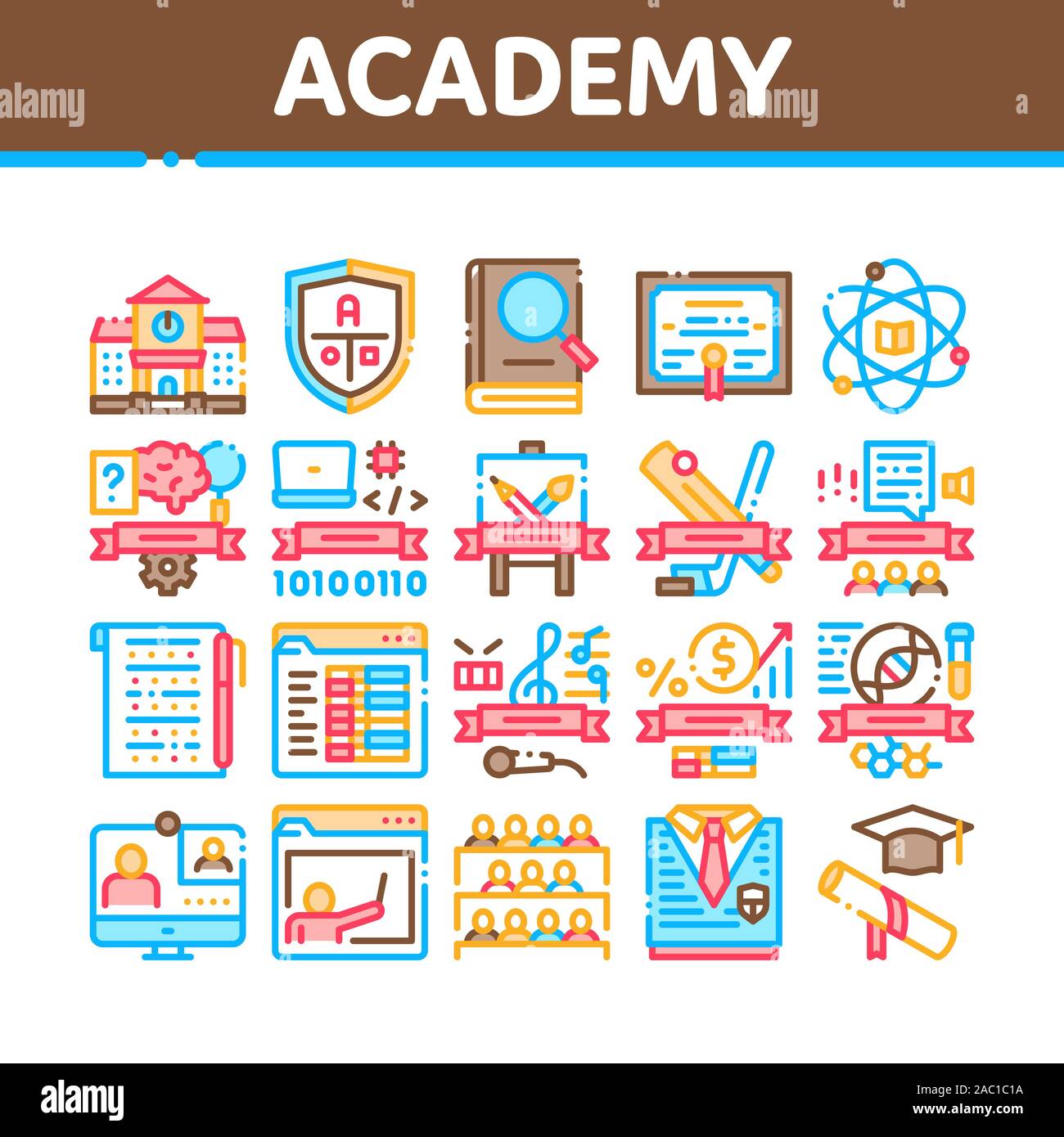Academy Educational Collection Icons Set Vector Stock Vector Image ...
