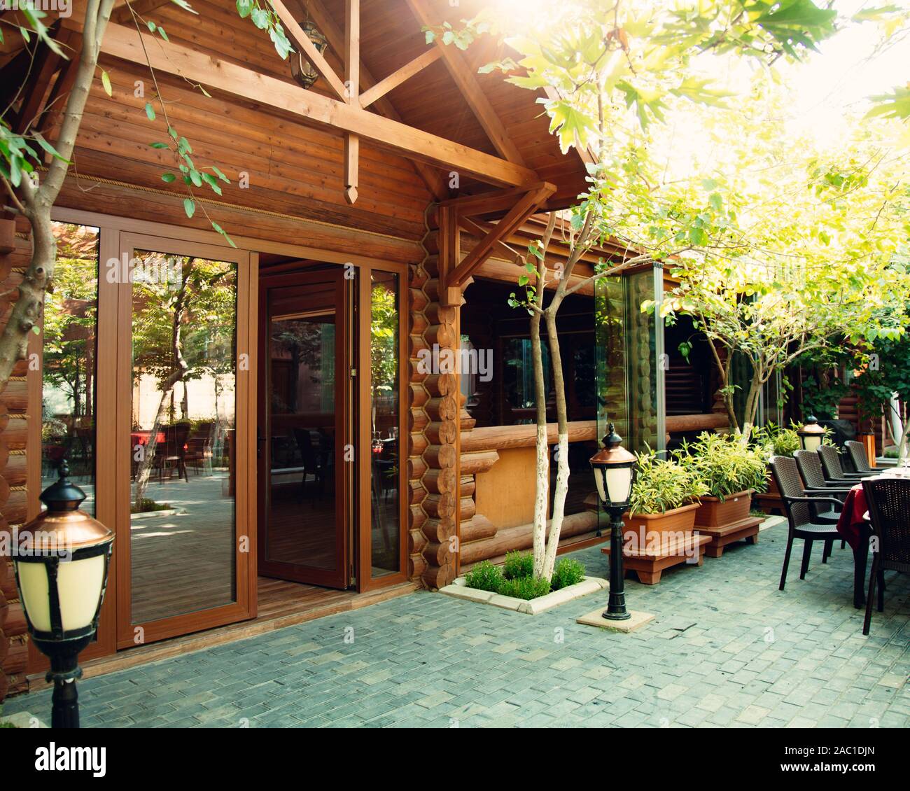 restaurant room in wooden cottage style Stock Photo - Alamy