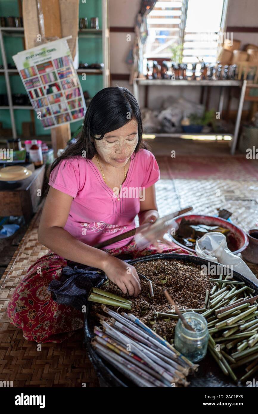 Traditional cigar rolling handicraft worker on Inle Lake in Myanmar ...
