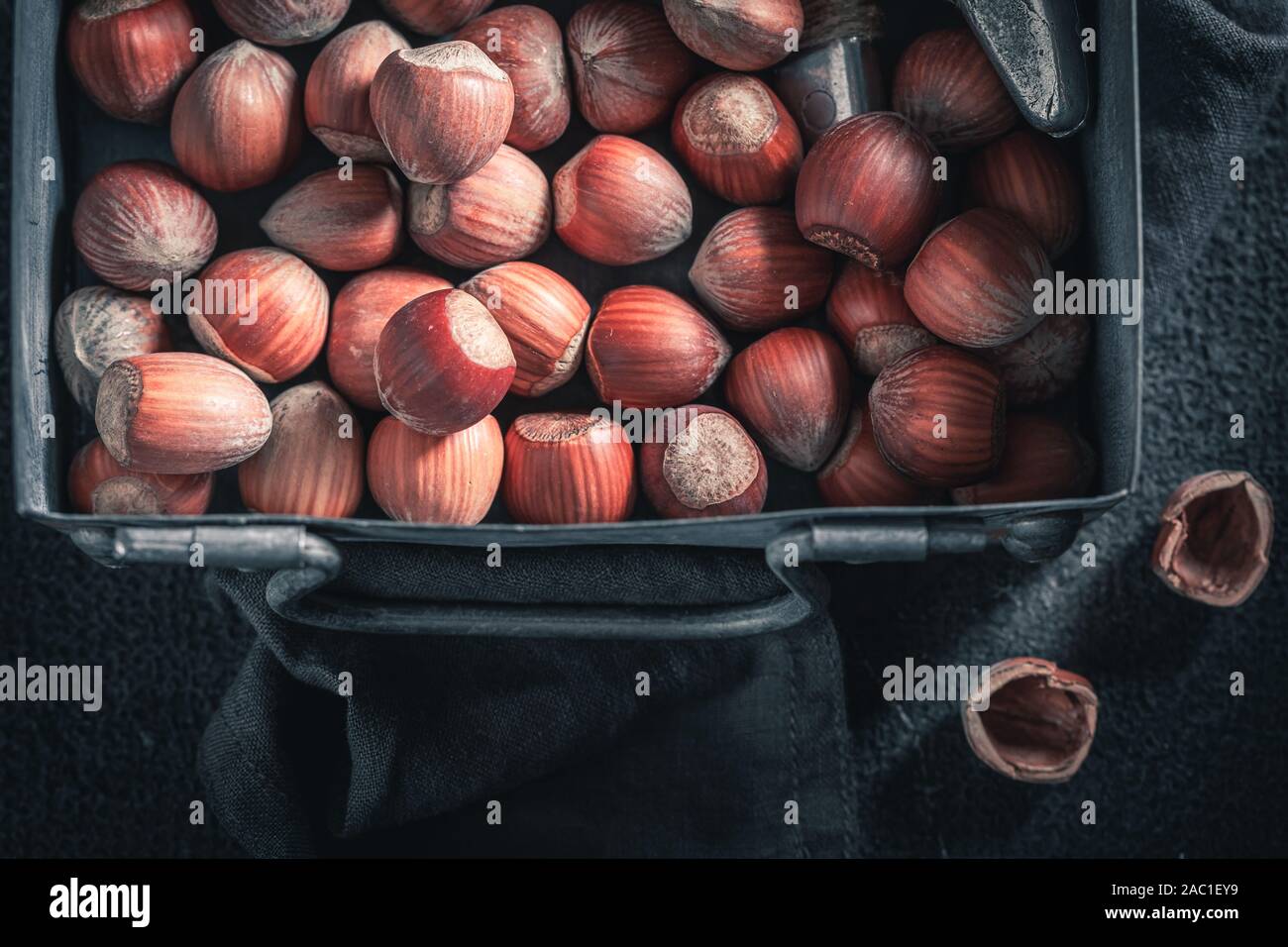 Fresh hazelnuts in a rustic metal box Stock Photo - Alamy
