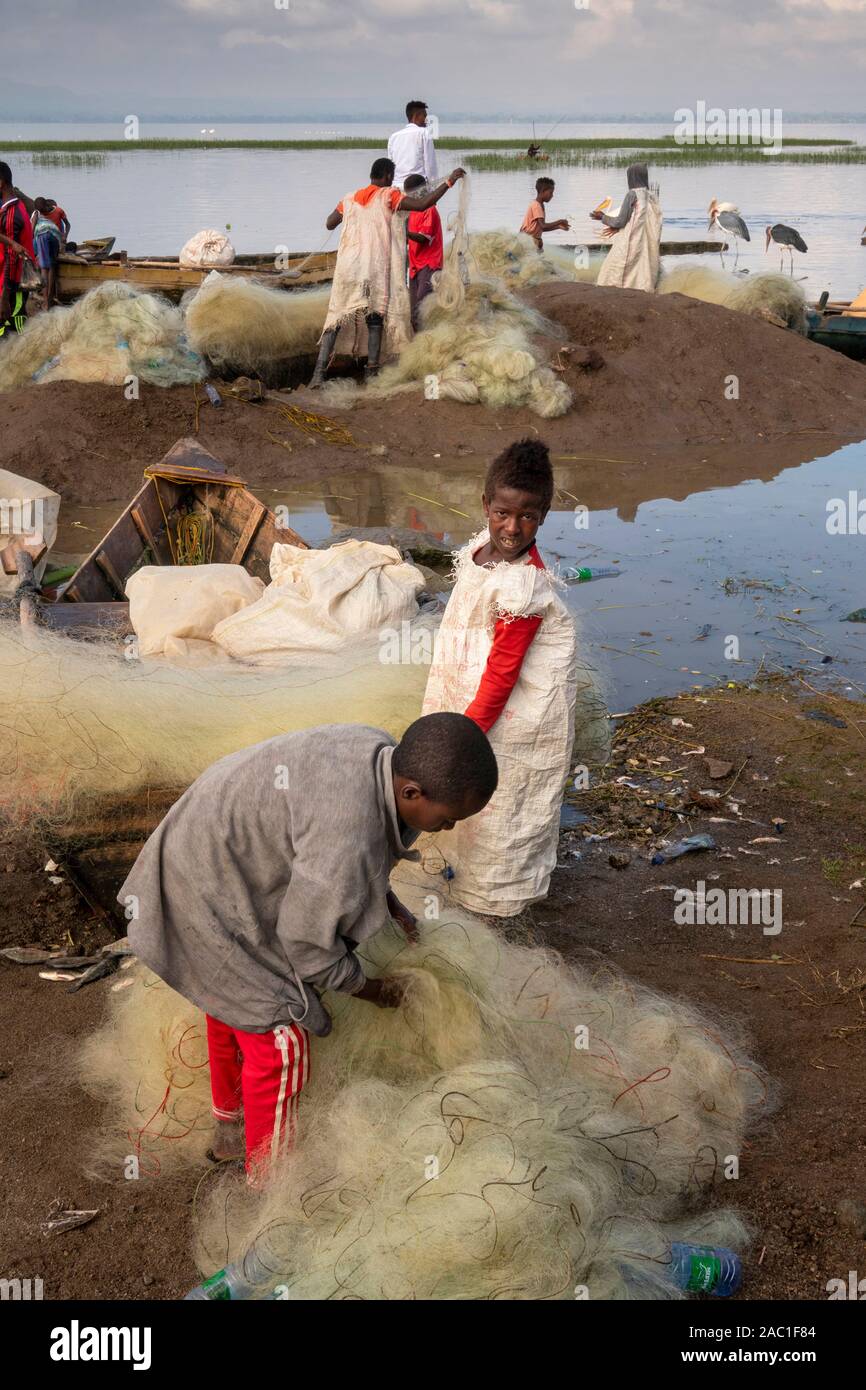 Ethiopia, Rift Valley, Hawassa, City Fish Market, fishermen wearing ...