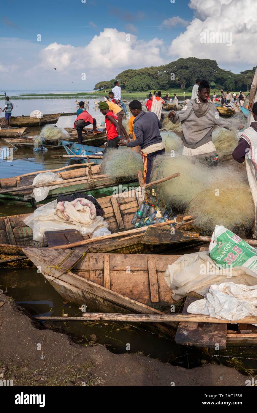 Ethiopia, Rift Valley, Hawassa, City Fish Market, fishermen preparing ...