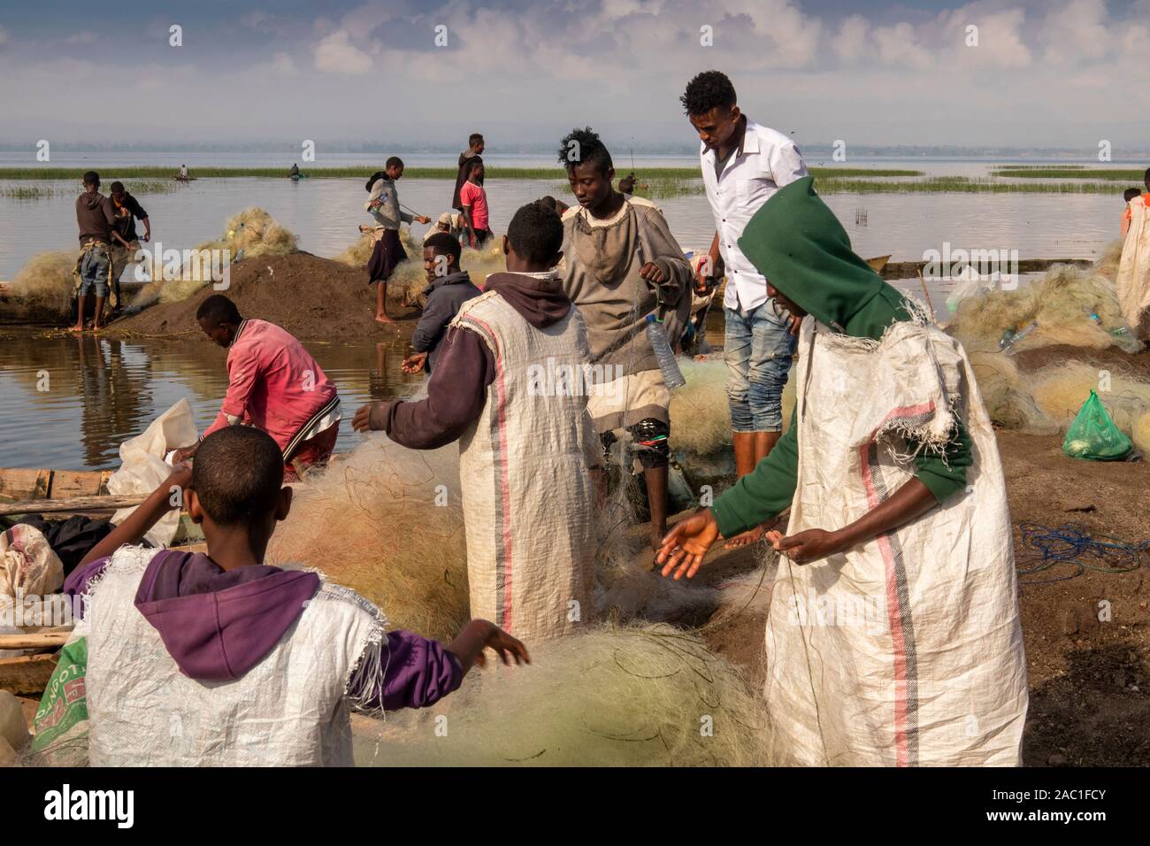 Ethiopia, Rift Valley, Hawassa, City Fish Market, fishermen wearing ...