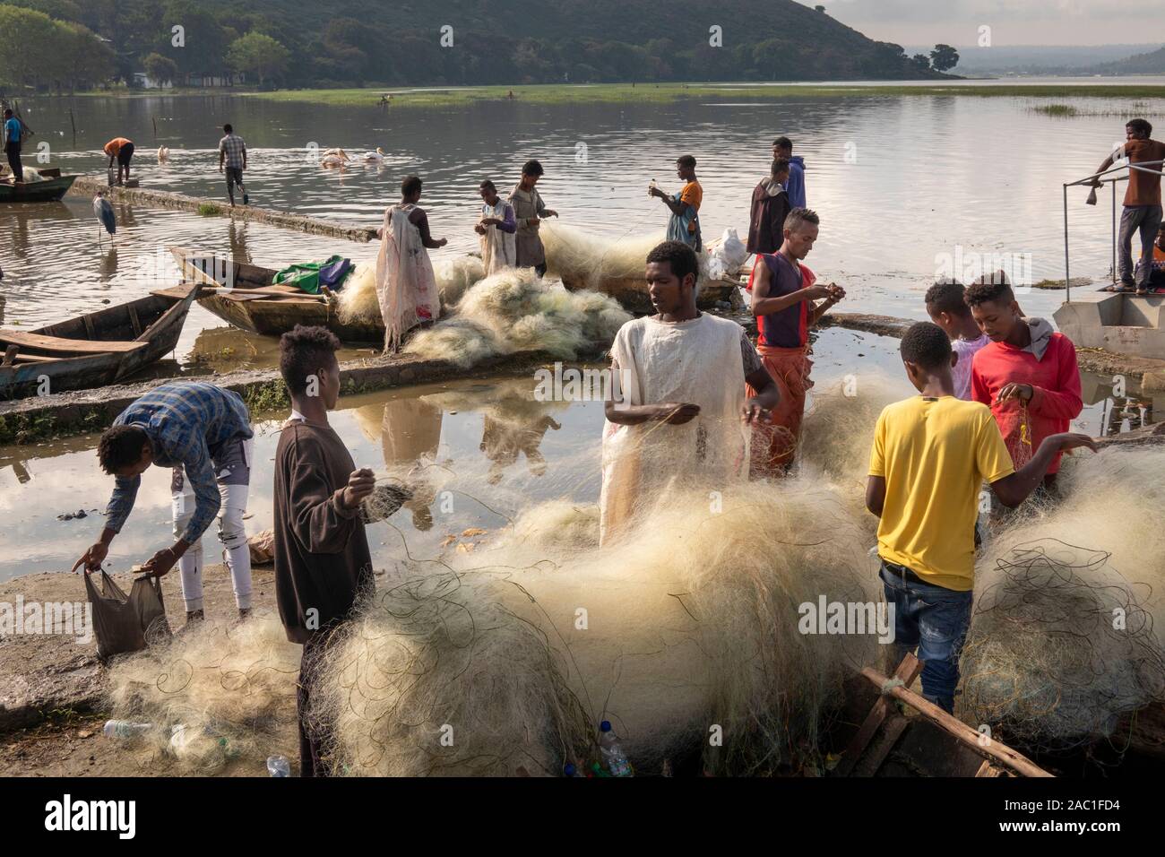 Ethiopia, Rift Valley, Hawassa, City Fish Market, fishermen preparing ...