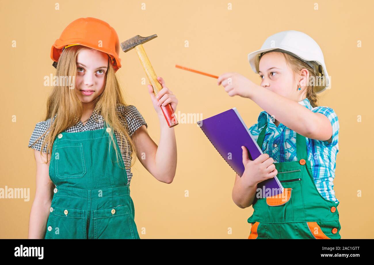 Family remodeling house. Children sisters renovation their room ...