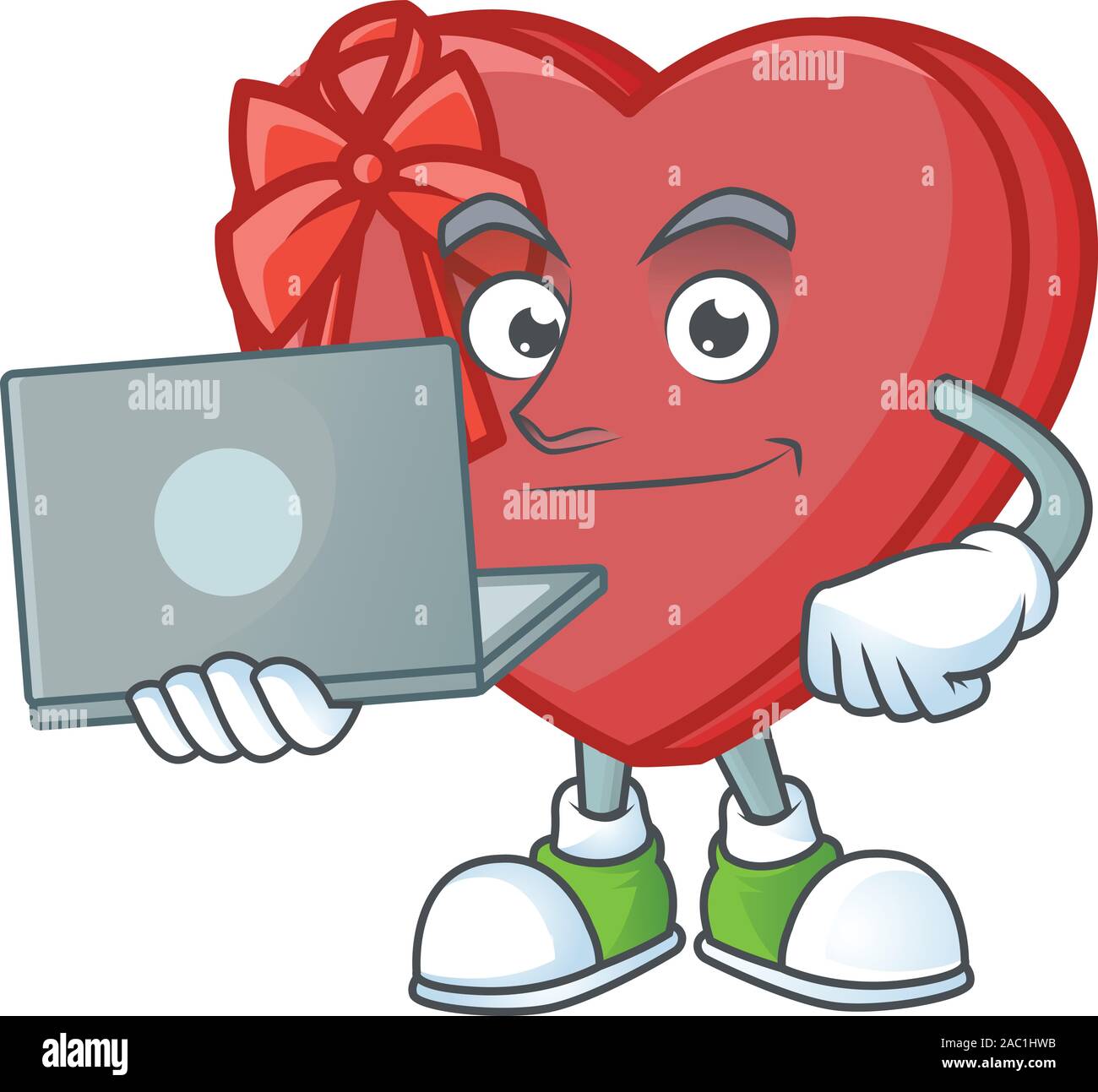 Happy smiling love gift box cartoon character working with laptop Stock ...
