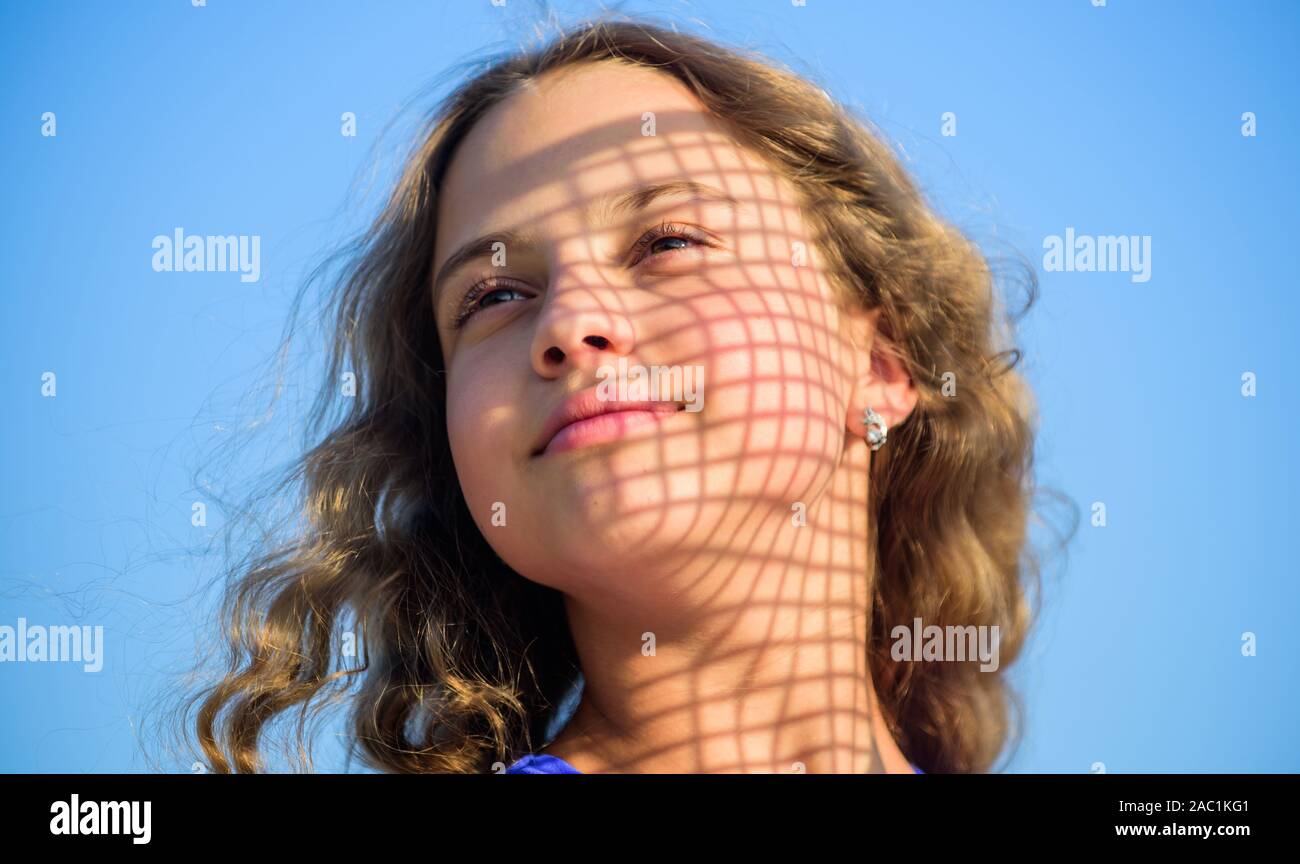 Summer care. Girl kid relaxing outdoors. Take care. Uv filter sunscreen ...