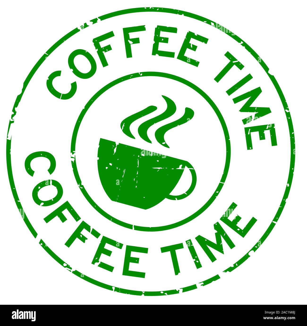 Grunge green coffee time word with cup icon round rubber seal stamp on ...