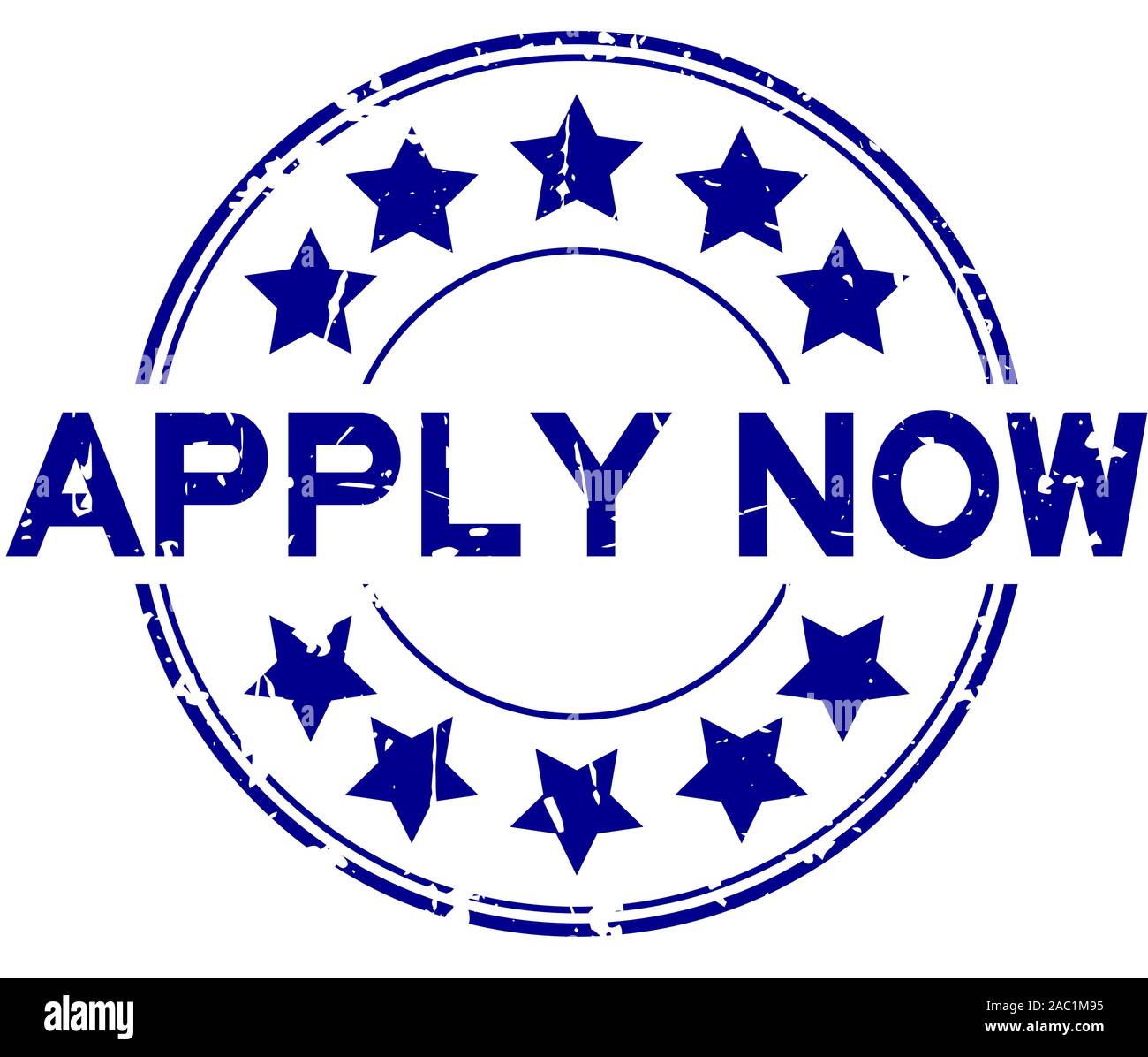Grunge blue apply now word with star icon round rubber seal stamp on white background Stock ...