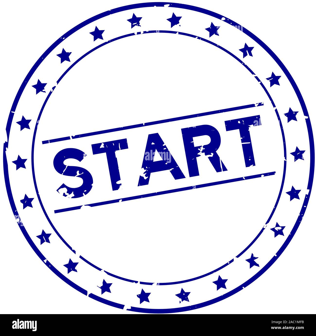 Grunge blue start word with star icon round rubber seal stamp on white ...