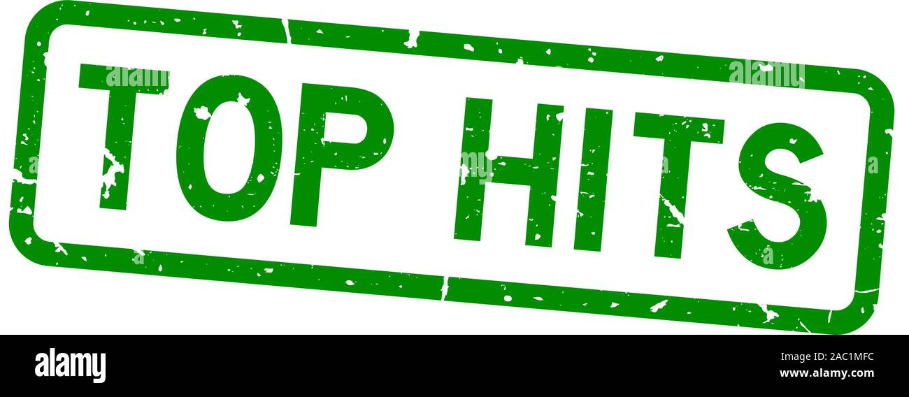 Grunge green top hits word square rubber seal stamp on white background ...