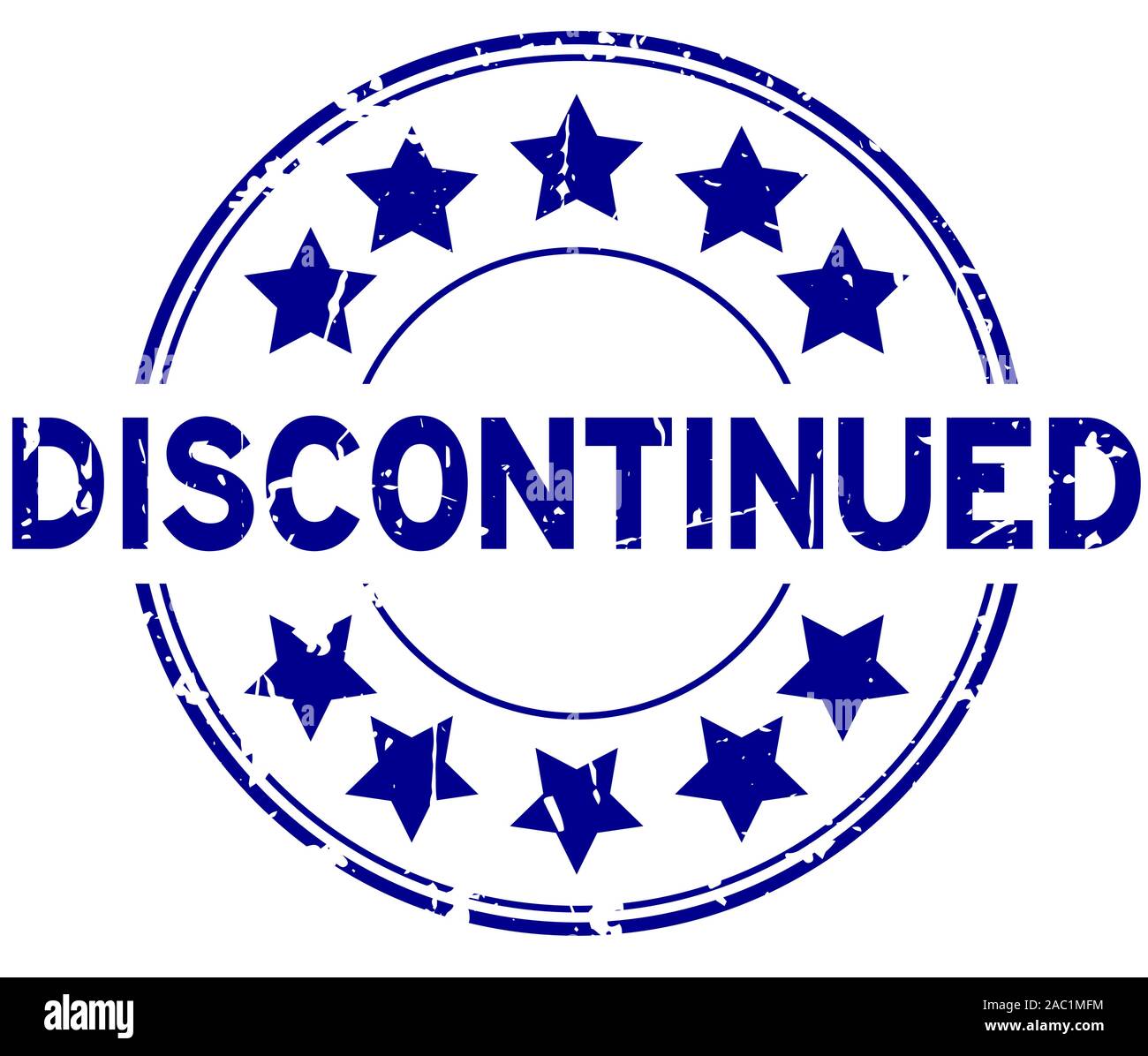 Grunge blue discontinued with star icon round rubber stamp on white ...