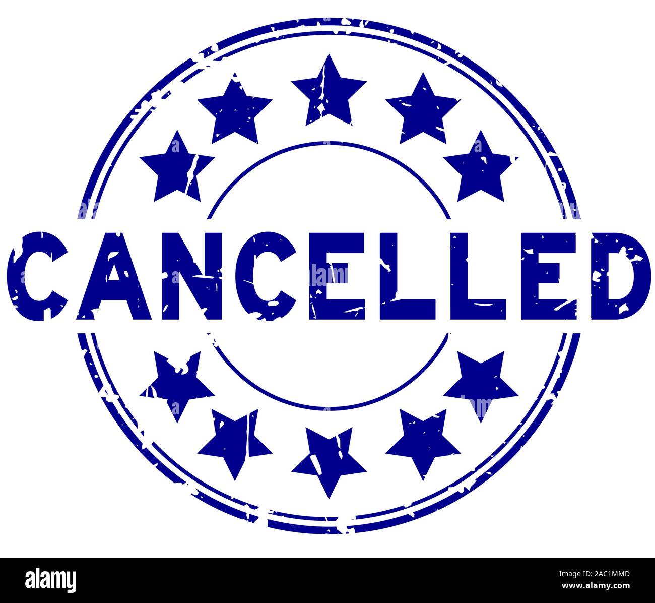 Grunge blue cancelled with star icon round rubber seal stamp on white ...