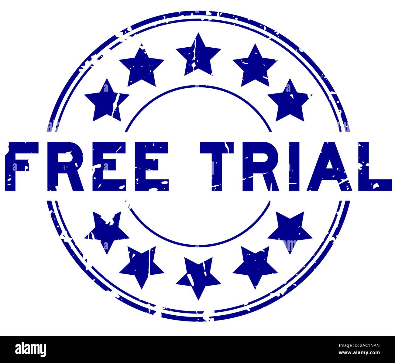 Grunge blue free trial word with star icon round rubber seal stamp on ...