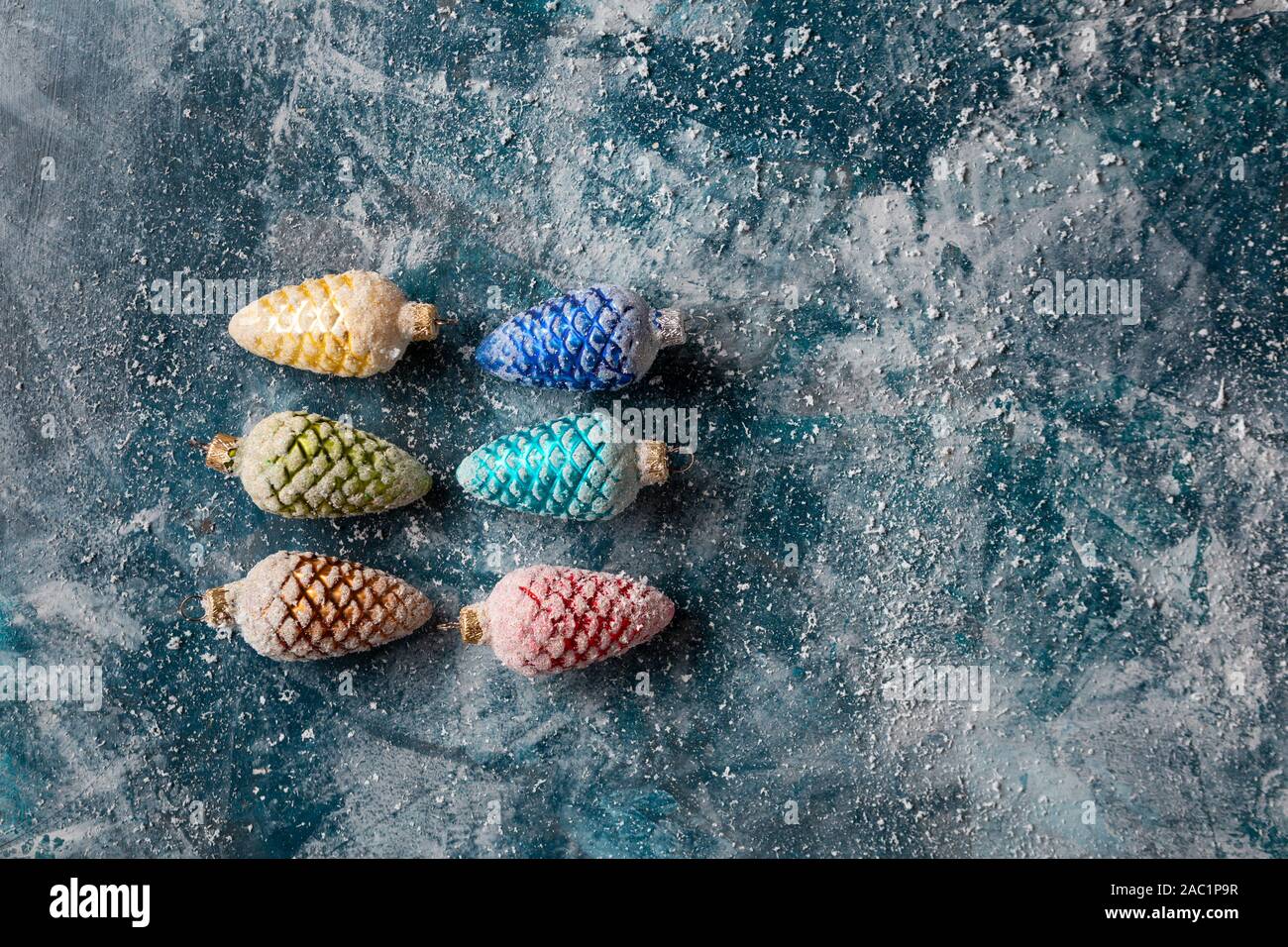 Blue holiday background with xmas decorations top view Stock Photo - Alamy