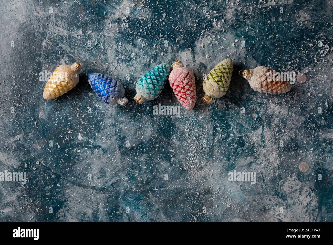 Holiday decoration top view on blue and white background, christmas ...