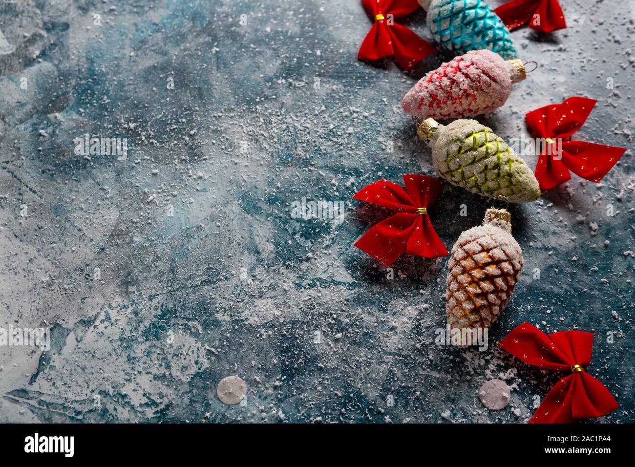Holiday decoration top view on blue and white background, christmas ...