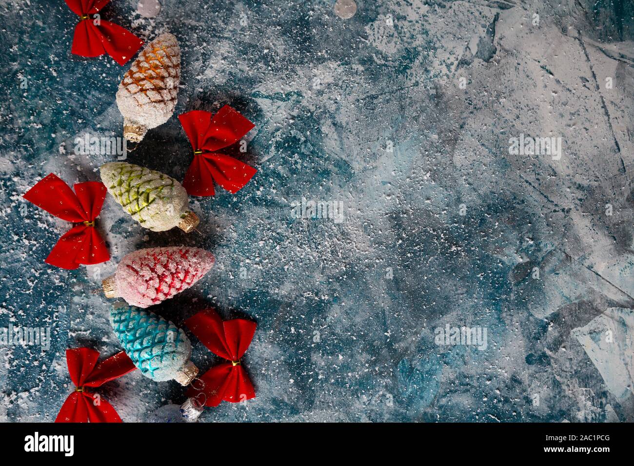 Holiday decoration top view on blue and white background Stock Photo ...