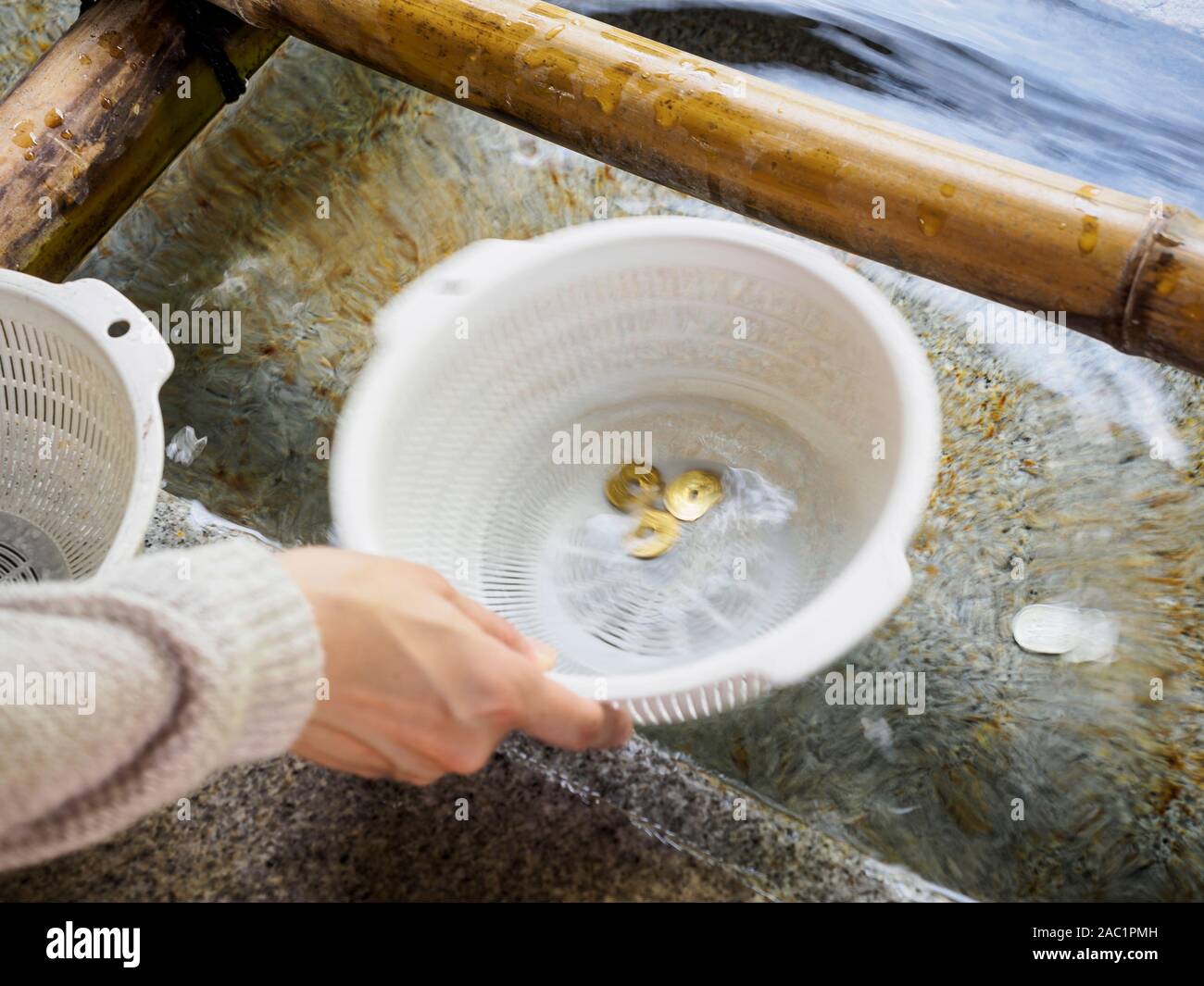 Traditional money washing (zeniarai) at a shrine in Tokyo, Japan Stock ...