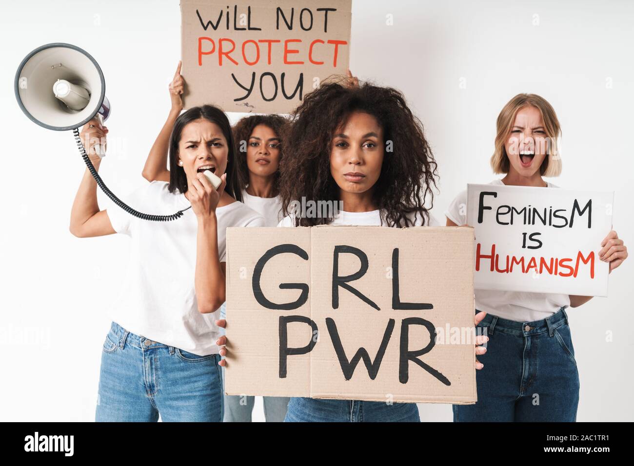 Image of a displeased agressive young women multiracial friends posing ...