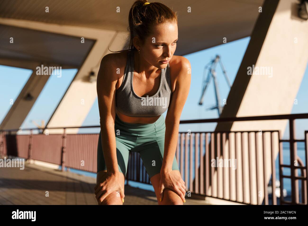 Exhausted fit young sportsgirl resting after jogging while standing on ...